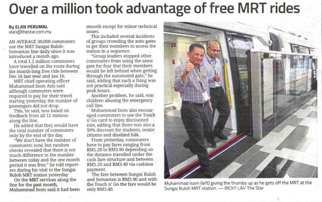 THE STAR: OVER A MILLION TOOK ADVANTAGE OF FREE MRT RIDES - MRT Corp