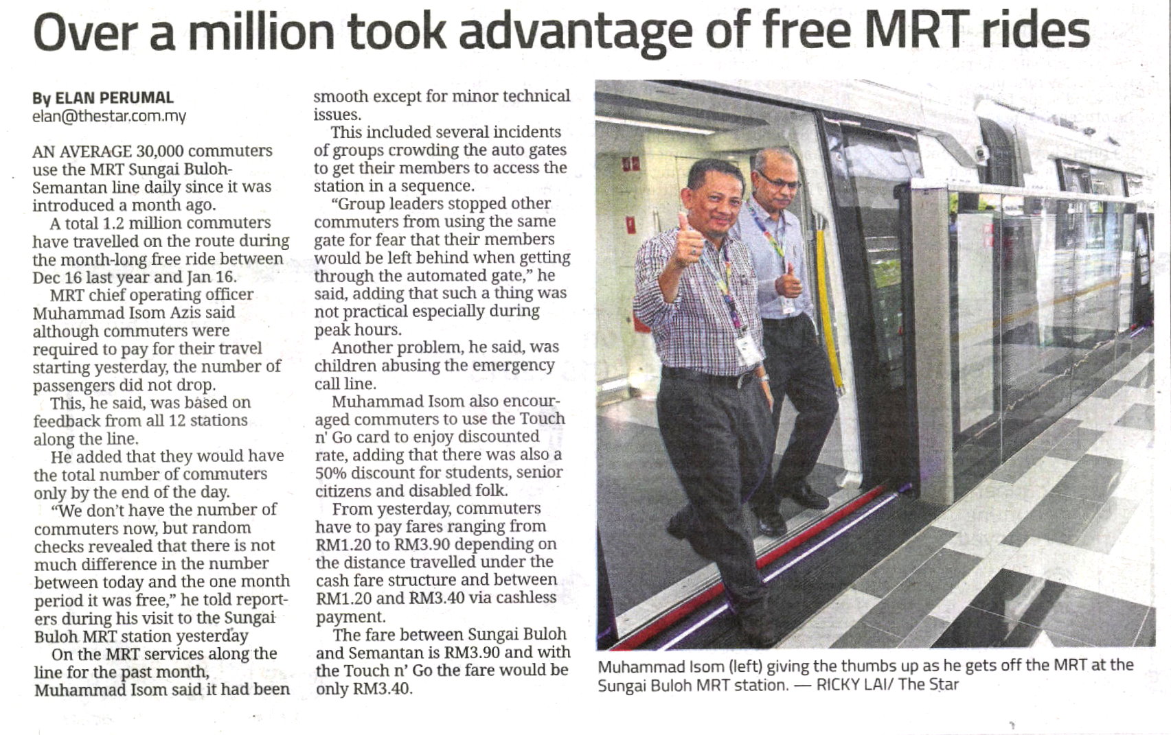 THE STAR: OVER A MILLION TOOK ADVANTAGE OF FREE MRT RIDES - MRT Corp